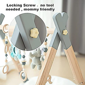 Wooden Baby Play Gym Foldable Frame Activity Gym Hanging Bar with 5 Gym Baby Toys Natural Gift for Newborn Baby (Foldable Grey)