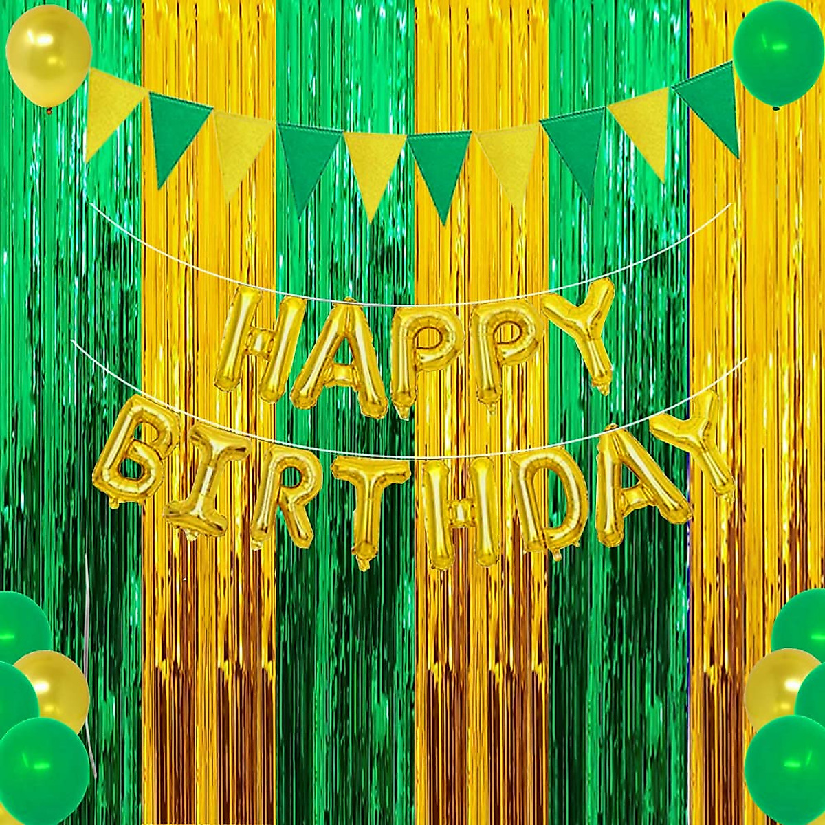 2025 Graduation Green Gold Party Decoration Foil Fringe Curtains, Green Gold Photo Booth Prop Streamer Backdrop for St. Patrick's Day Birthday Beach Party Decoration (3 Pack)