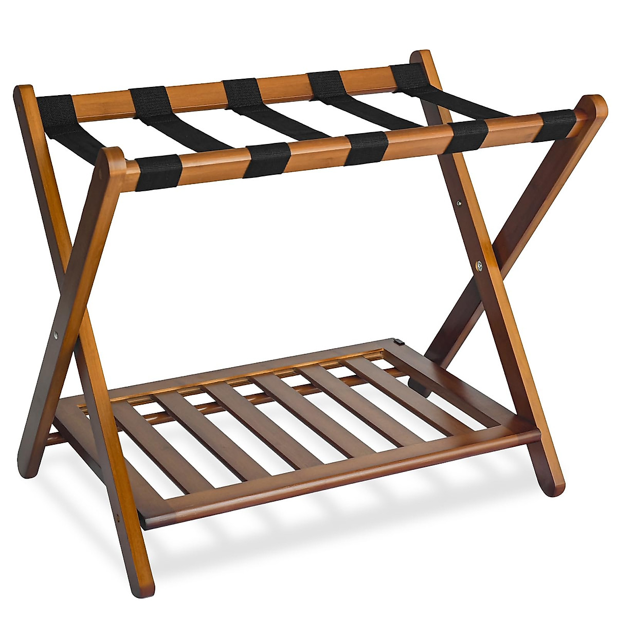 GUANBOM Luggage Rack，Folding Suitcase Stand with Storage Shelf，Luggage Stand for Guest Room Bedroom and Hotel (Brown)