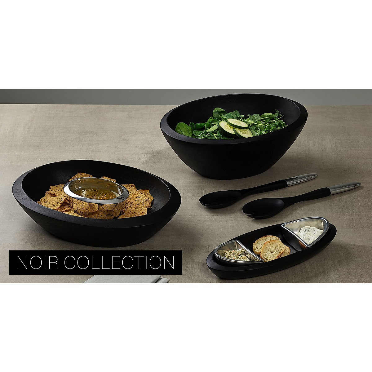 nambe Noir Dark Stained Salad Bowl and 2 Servers with Nambe Alloy Accents | Measures 15" x 10" | Made with Acacia Wood and Nambe Alloy | Designed by Steve Cozzolino