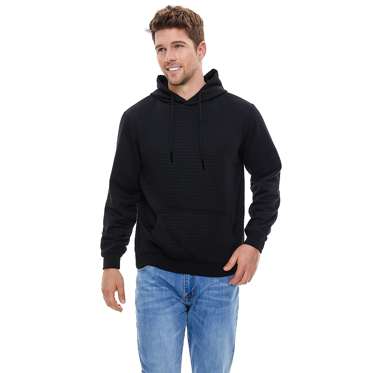 YuKaiChen Men's Hoodies Pullover Casual Plaid Jacquard Kangaroo Pockets Drawstring Long Sleeve Hooded Sweatshirts Black M