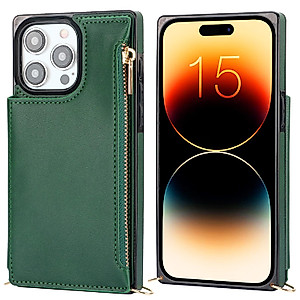 Bocasal Crossbody Wallet Case for iPhone 15 Pro Max with RFID Blocking Card Slot Holder, Magnetic Flip Folio Purse Case, PU Leather Zipper Handbag with Detachable Lanyard Strap 6.7 Inch 5G (Green)