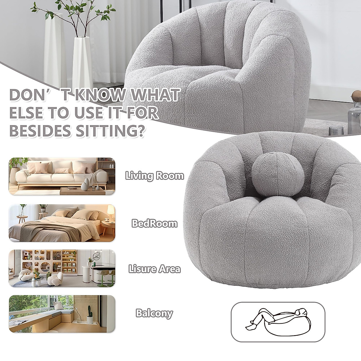 QQU Modern Round Barrel Chair with 1 Pillow, Comfortable Lounge Lazy Sofa Without Swivel Base Lounge Sofa Chair for Living Room, Bedroom, Hotel,Grey