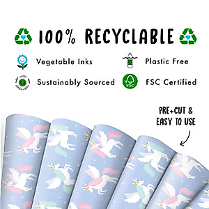 CENTRAL 23 Unicorn Wrapping Paper (x6) Sheets - Blue and Pink - Gift Wrap - Birthday Wrap for Girls Kids Women - Recyclable and Made in UK