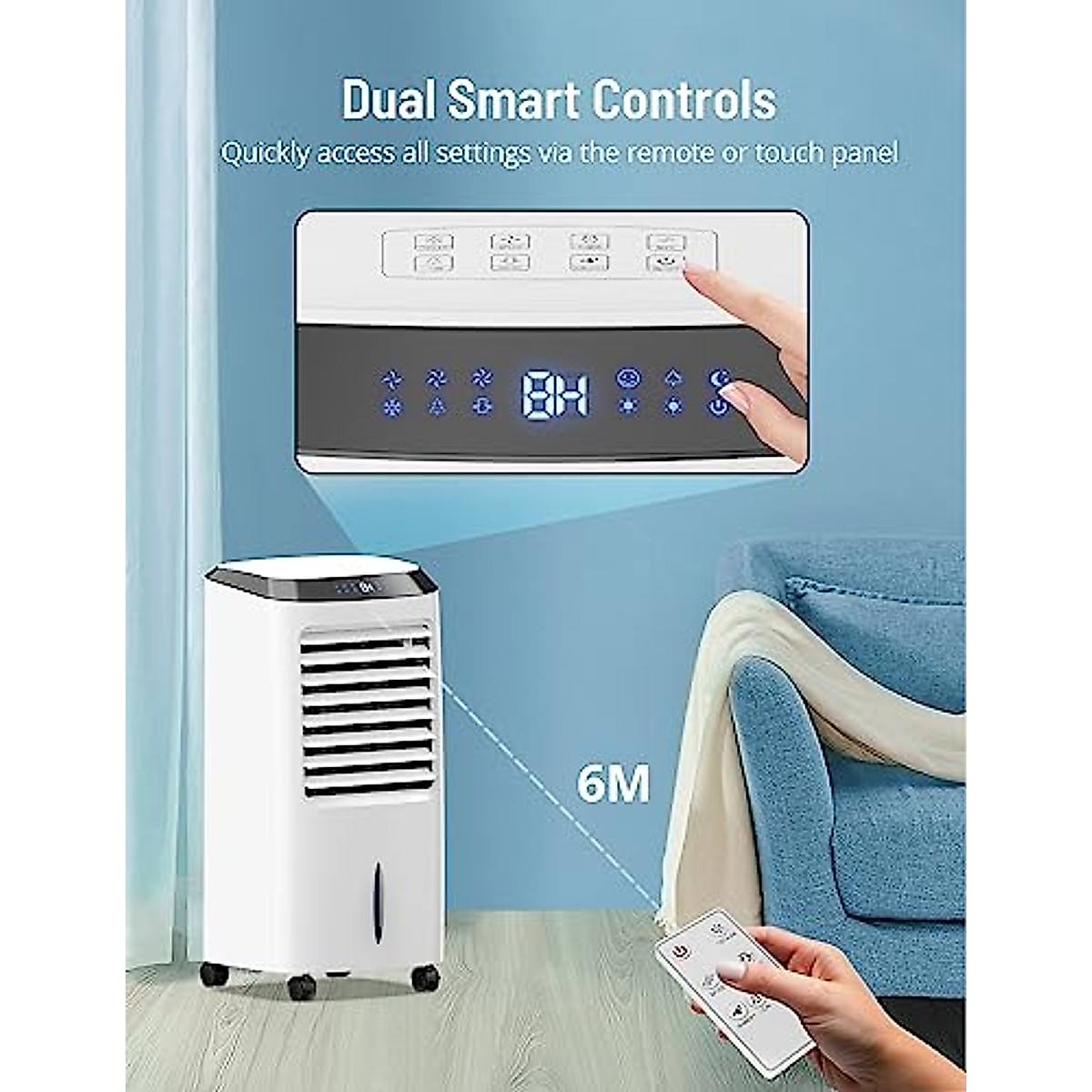 PARIS RHÔNE Evaporative Air Cooler, 4-in-1 Evaporative Cooler, Portable Swamp Cooler with Negative Ion, LED Display, 2.6Gal Water Tank, Remote Control, Casters for Home, Office