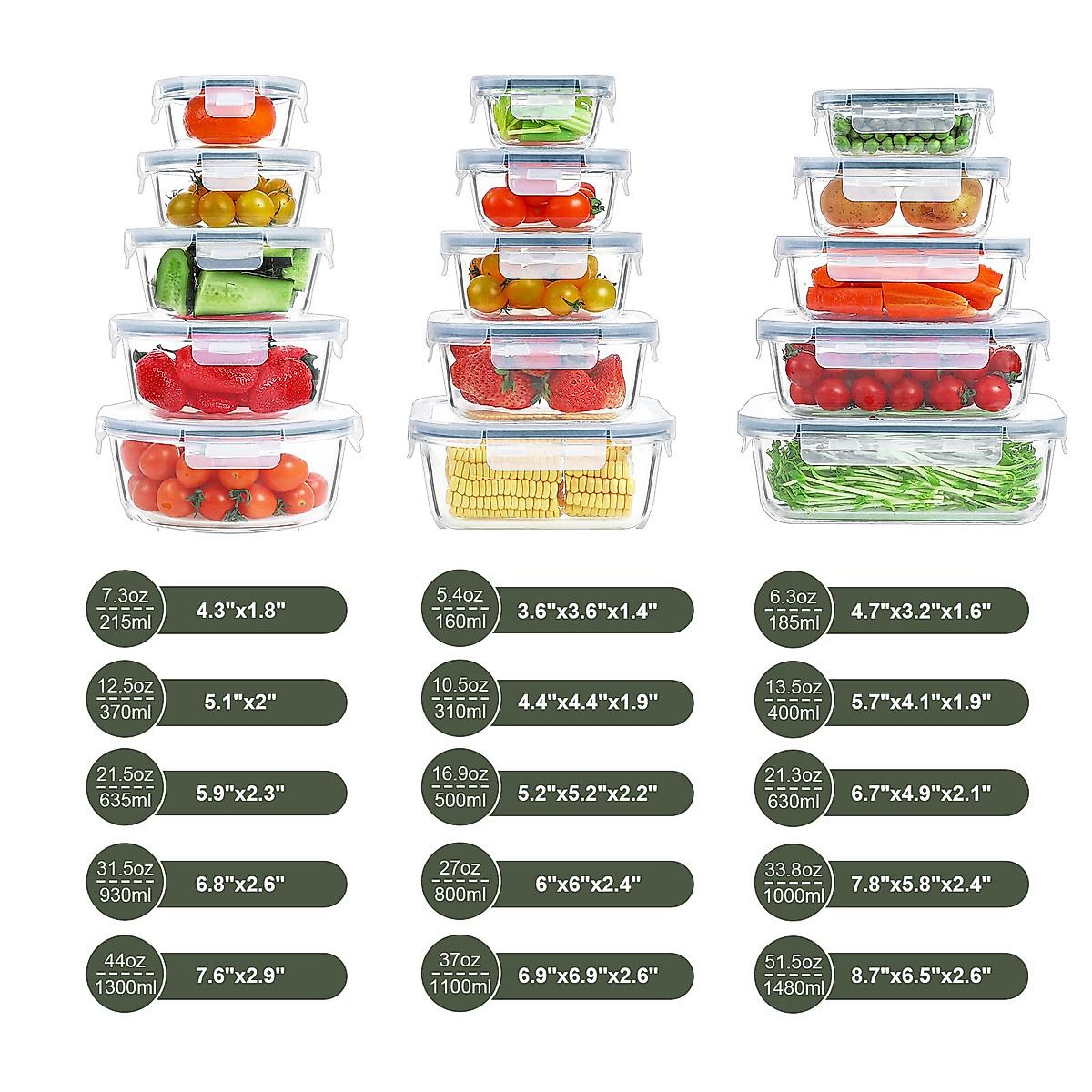BAYZZ 30 Pieces Glass Meal Prep Containers, Airtight Glass Food Storage Containers, Glass Lunch Containers with Lids, Microwave and Dishwasher Friendly