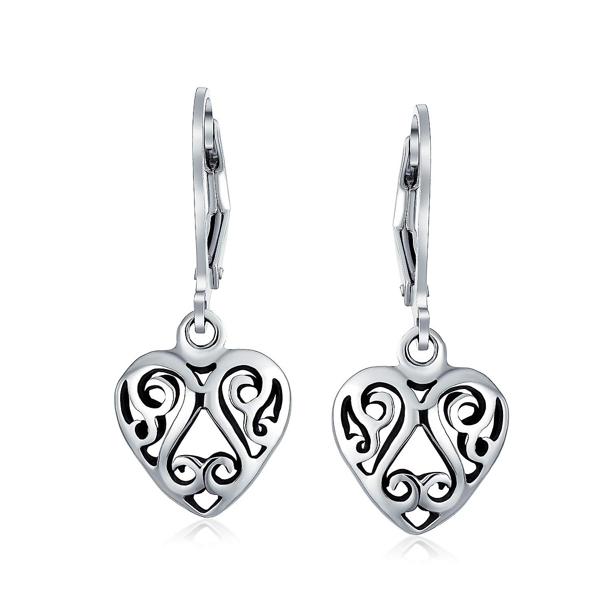 Open Lightweight Scroll Filigree Multi Heart Shape Puff Hearts Drop Dangle Earrings For Women Girlfriend Oxidized .925 Sterling Silver Lever back