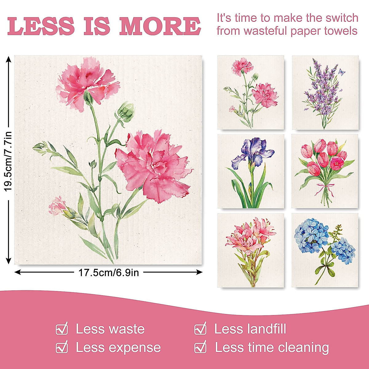 Whaline Flowers Swedish Kitchen Dishcloth Watercolor Floral Cotton Kitchen Towel 6 Design Flower Absorbent Dishcloth for Party Home Housewarming Cleaning Counter Wipes, 7 x 8 Inch