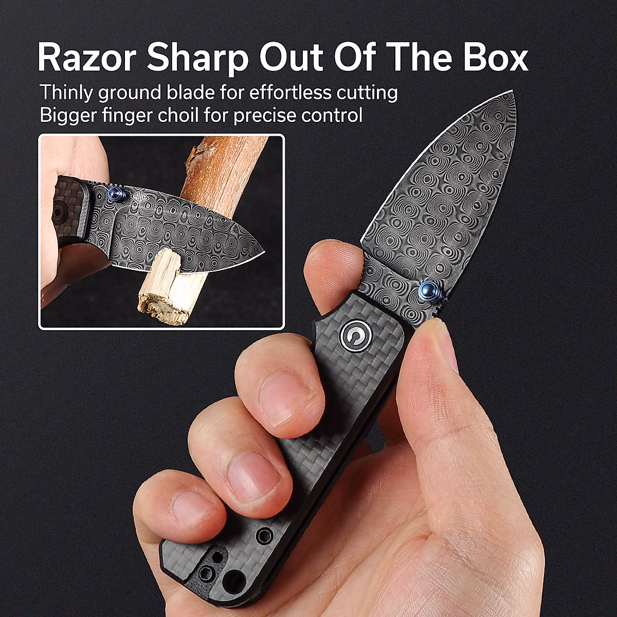 CIVIVI Small Pocket Knife for EDC, Ben Petersen Folding Knife Baby Banter with 2.34" Damascus Blade Carbon Fiber Overlay on G10 Handle, Titanium Thumb Stud Opener C19068S-DS1