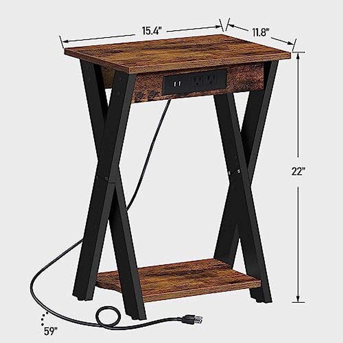 TUTOTAK End Table with Charging Station, X Shaped Side Table with USB Ports and Outlets, Nightstand, 2-Tier Storage Shelf, Sofa Table for Small Space, Brown TB01BB048