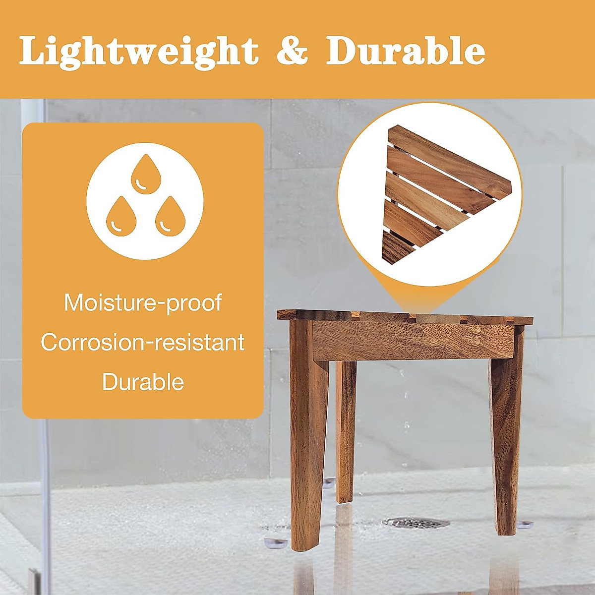 ODEDEN Shower Foot Stool for Shaving Legs, Acacia Wood Shower Foot Rest,15 inch Corner Shower Bench with Non-Slip Feet for Shower Stool for Inside Shower Bath, and Spa