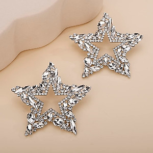 Denifery Fashion Star Stud Earrings Full Crystal Rhinestone Star Dangle Drop Earrings Bling Sparkly Earrings for Party Wedding for Women (Silver)