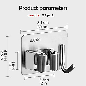 Mop and Broom Holder Organizer Hanger Garage Tool Shelving Organization and Storage Hooks Racks Wall Mount, 4 Pks Self Adhesive