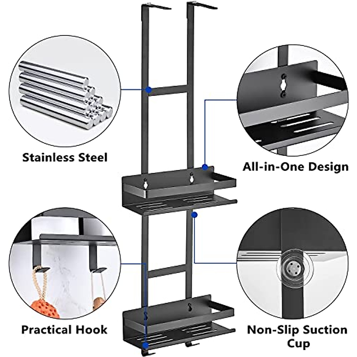 Natural Bamboo Over the Door Shower Caddy，Rust-proof Carbon Steel Adjustable Hanging Organizer Shelf ,Soap Holder Bathroom Shelf，Shower Basket with Hook Suction Cup (Black-2 Tier)