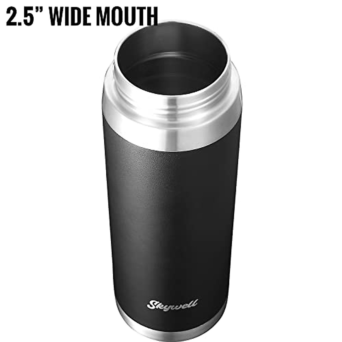 SkyWell 24oz Stainless Steel Water Bottle with 3 in 1 Lid, BPA-Free Leak-Proof Wide Mouth Vacuum-Insulated Water Flask with Straw and Handle Sweat-Proof for Outdoor and Travel, Black