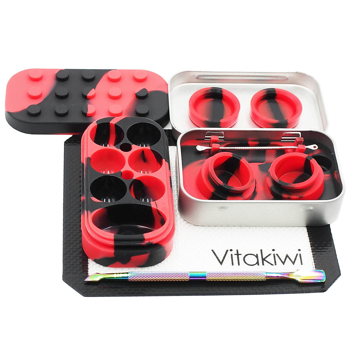 Vitakiwi Silicone Carving Travel Tin Kit with 5ml 34ml Multi Compartment Concentrate Containers Non-stick Jars + 4.8" Gold Carving Tool + 5.9"×4.9" Mat (Red Black)