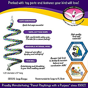 Super Bird Creations SB326 Colorful Cotton Bungee Rope Bird Toy, Large/XL Bird Size, 1.25” Diameter x 97”,Varies