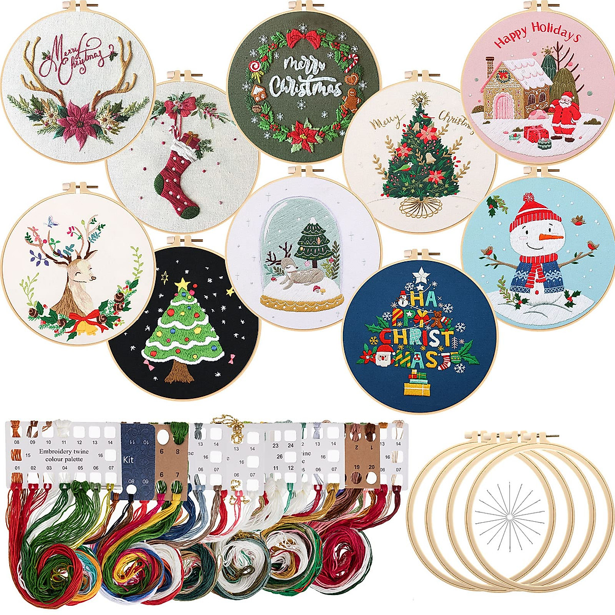 Canlierr 10 Sets Embroidery Kit with Patterns and Instructions DIY Adult Beginner Embroidery Kits for Beginners Adults Embroidery Supplies (Christmas Style)