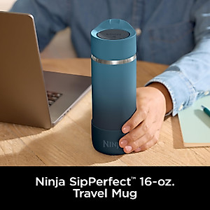 Ninja, Travel Mug, Sip Perfect 16oz, Brings Hot Drinks to Sippable Temperature in Minutes, Stainless Steel, Leak Proof, Dishwasher Safe, Metal, Insulated Tumbler, Ocean Blue, DW1603OB
