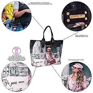 Nicole Lee Reversible 2-Sided Large Oversized Shopper Tote, Fashion Print, Metallic Travel Shoulder Bag (Sara is Soft but Strong)