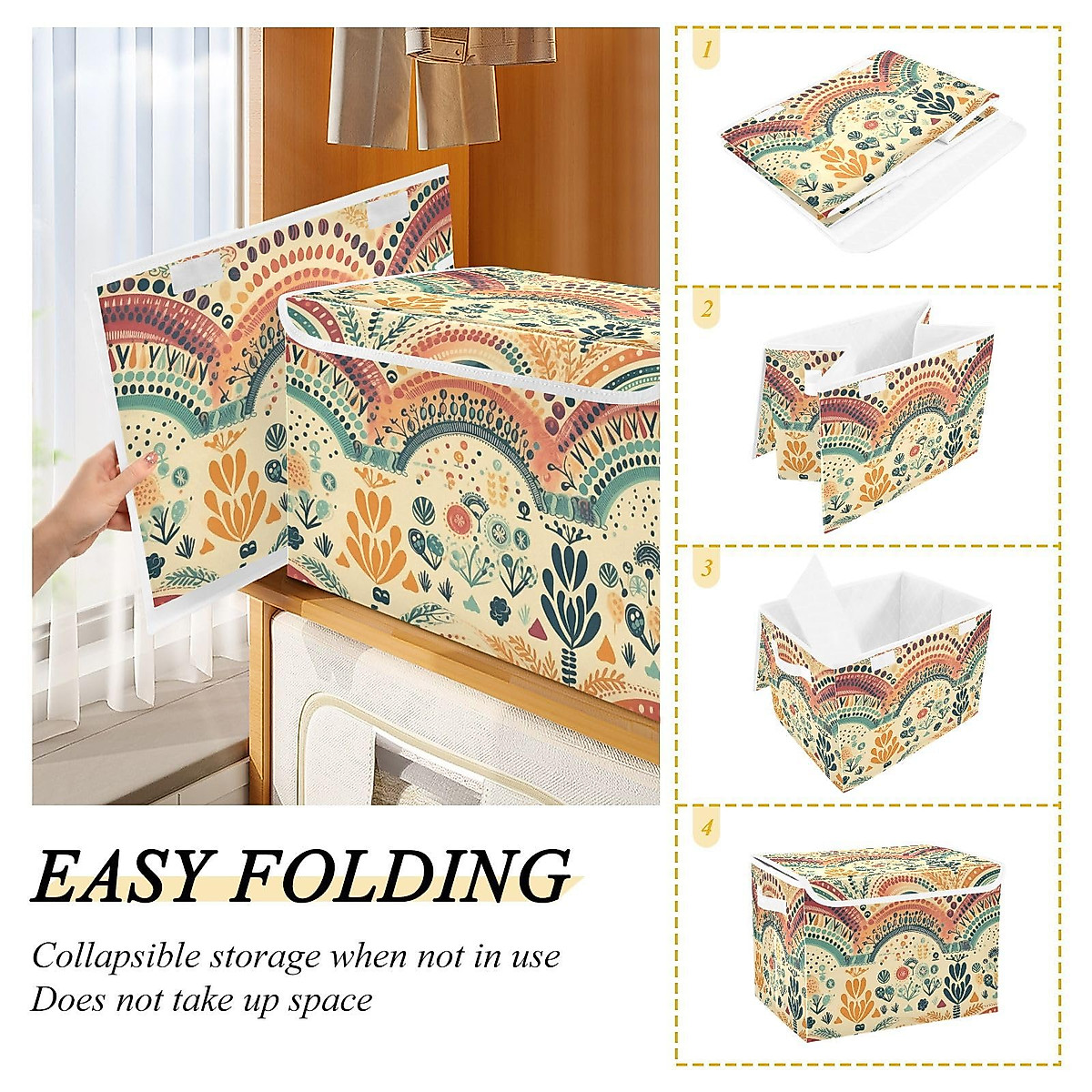 Vnurnrn Storage Bin with Lid Collapsible Vintage Rainbow Flower Print, Large Capacity Foldable Storage Basket Cube for Clothes Toys 16.5×12.6×11.8 IN