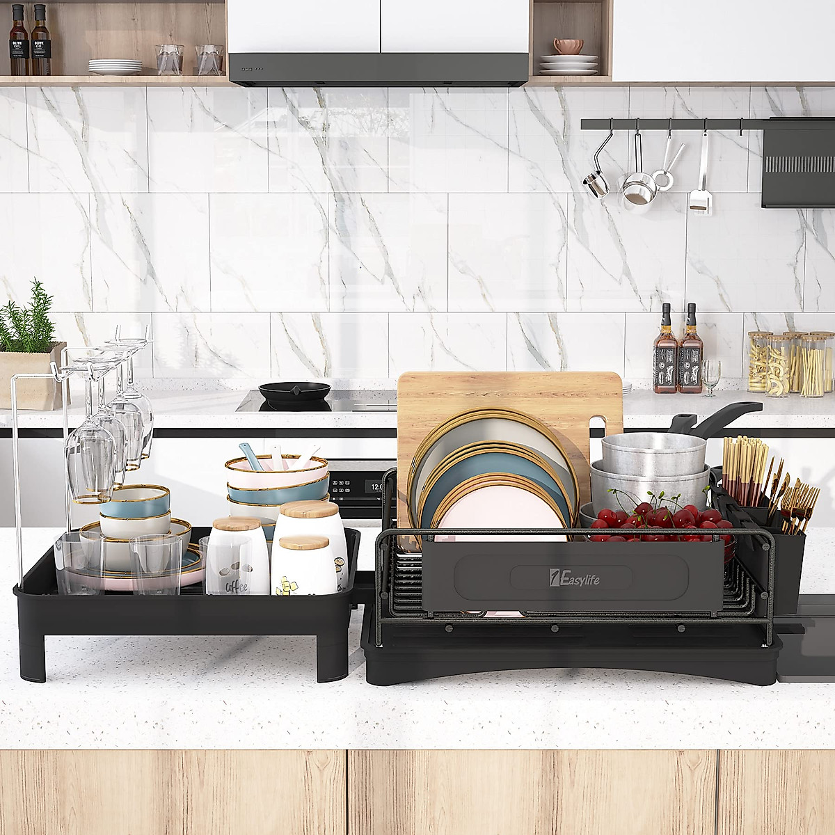 1Easylife Dish Drying Rack, 2 Pieces Large Dish Rack Drainboard Set for Kitchen Counter, Rustproof Dish Drainers with Drainboard, Adjustable Swivel Spout, Wineglass and Utensil Holder for Big Family