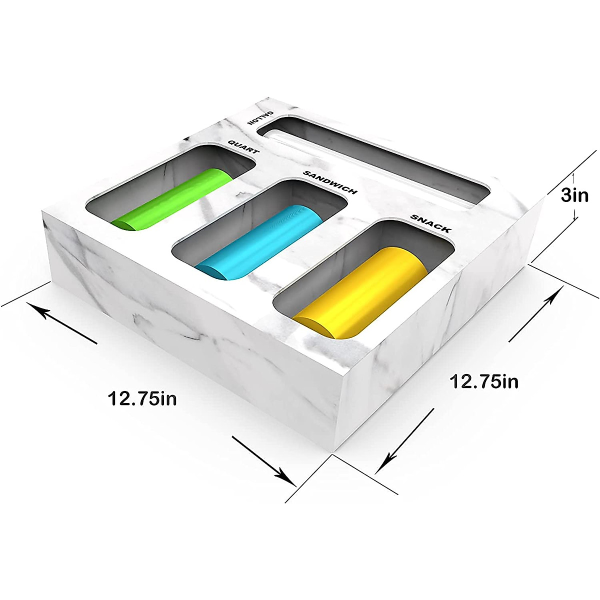 Acrylic Kitchen Drawer Organizer with Marble Design for Ziplock Bags of Various Sizes - Compatible with Gallon, Quart, Sandwich, and Snack Bags (1 Box with 4 Slots)