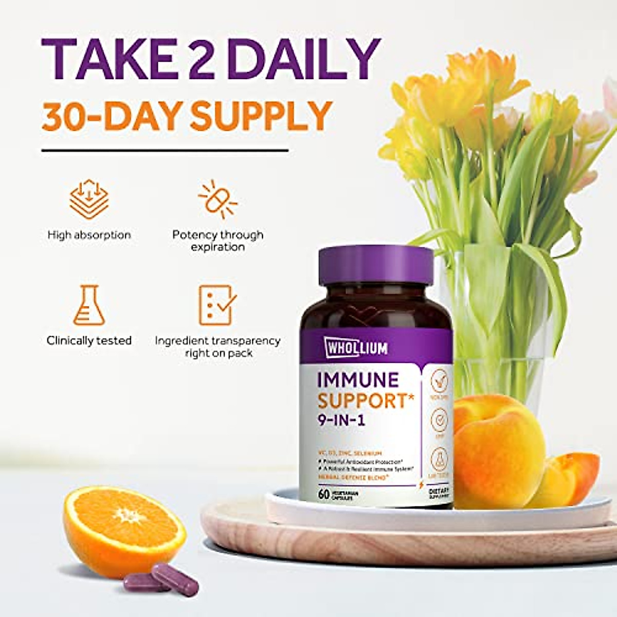 Whollium Sambucus Elderberry with VC, D3, Zinc, Selenium, Echinacea, Garlic, Ginger & Black Pepper, 9-in-1 Immune & Antioxidant Support During Lockdown, Non-GMO, High Absorption, 60 Vegetarian Caps