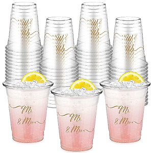 FoldTier 50 Pcs Mr and Mrs Cups 12 oz Plastic Wedding Cups Clear Engagement Disposable Cups Bridal Shower Drinking Cups for Home Kitchen Wedding Theme Party Favors Supplies Decoration