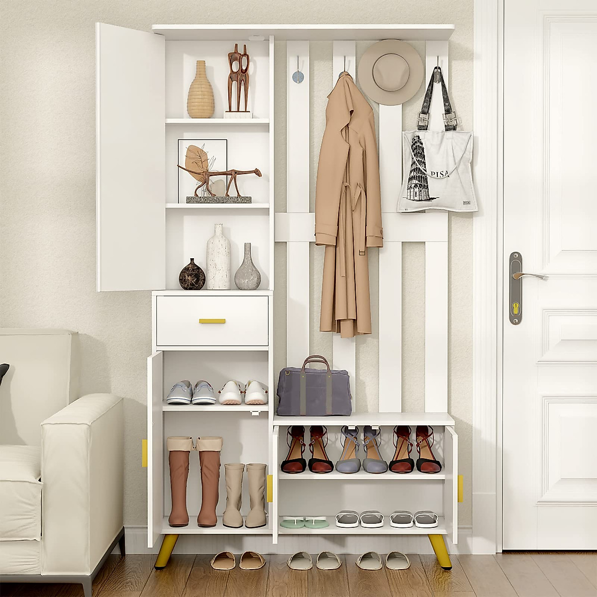 PAKASEPT Hall Tree with Bench and Shoe Storage, Farmhouse Entryway Bench with Coat Rack, Multi-Purpose Home Organizer, Sliding Barn Doors, Entryway Solution with Seating and Hooks