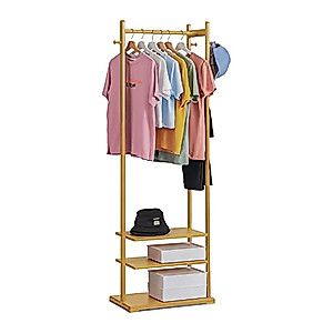 MoNiBloom Bamboo Freestanding Garment Rack with Shelves and Hooks Tall 3 Tiers Clothes Racks Clothing Storage Shelving w/Pants Racks for Bedroom Laundry Room Guest Room, Natural