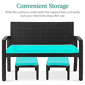 Best Choice Products Set of 2 Wicker Ottomans, Multipurpose Outdoor Furniture for Patio, Backyard, Additional Seating, Footrest, Side Table w/Removable Cushions, Steel Frame - Black/Teal