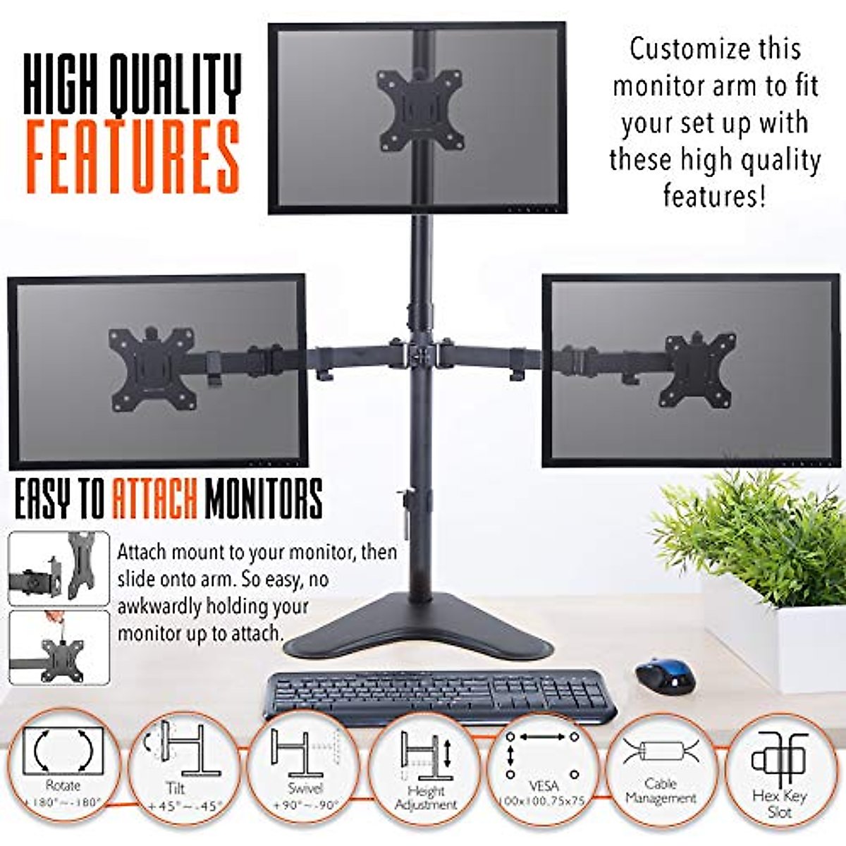 Stand Steady Triple Monitor Desk Stand with Tabletop Base, for Home or Office Use, Height Adjustable Computer Monitor Stand with Full Articulation VESA Mounts, Fits Most LCD/LED Monitors 13-32 Inches