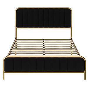 HITHOS Queen Size Bed Frame, Upholstered Bed Frame with Button Tufted Headboard, Heavy Duty Metal Mattress Foundation with Wooden Slats, Easy Assembly, No Box Spring Needed (Golden/Black, Queen)