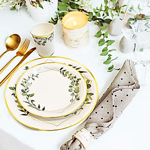 Ola Memoirs Greenery Safari Plates and Napkins for 24 Boho Party Supplies Jungle Theme Baby Shower Paper Disposable Cups Birthday Decorations Bridal Floral Tropical Wedding Gold Green Decor Boy Girl