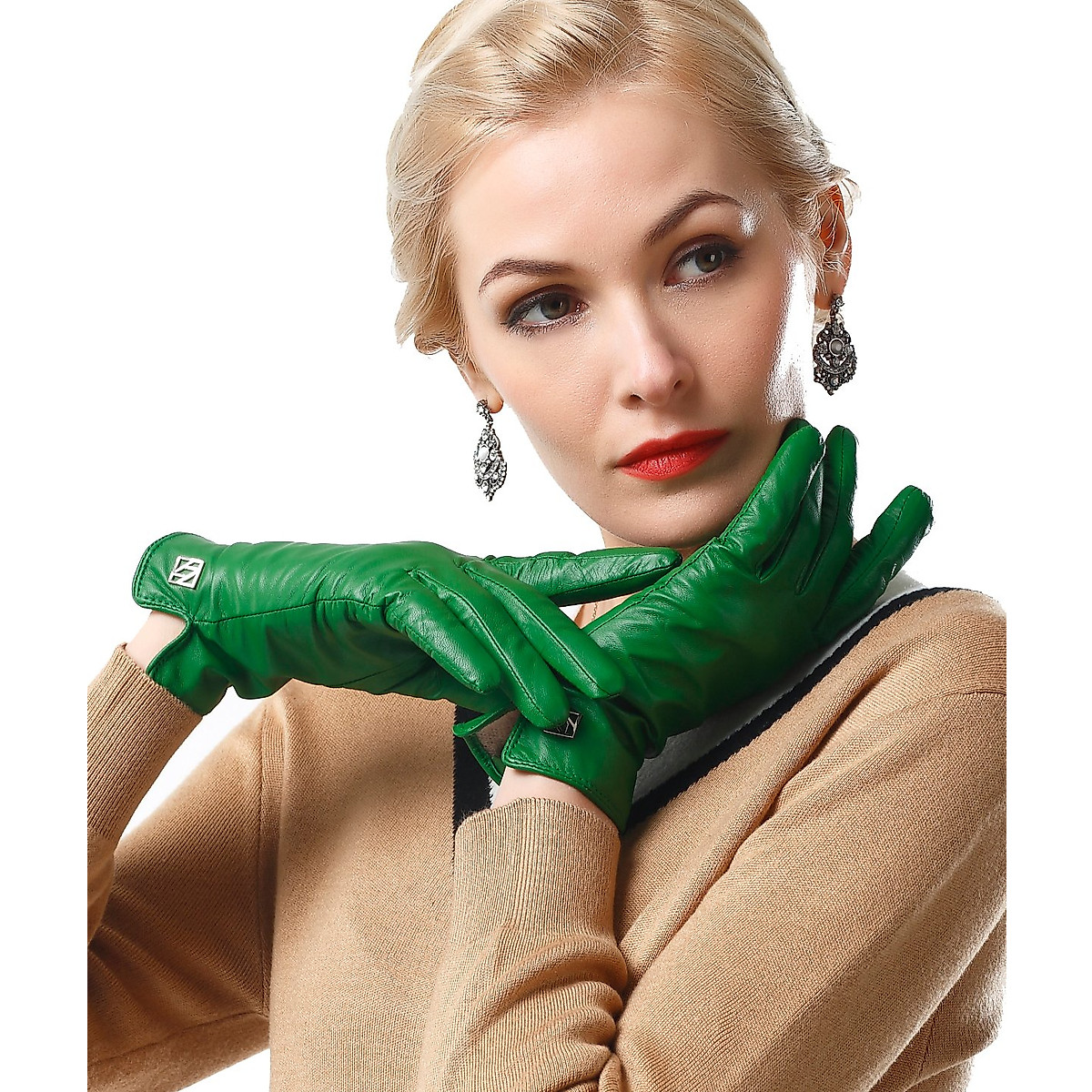 NappaNovum Women's Classic Italian Nappa Leather Gloves Lambskin Winter Comfort Lining Fashion Gloves (Touchscreen or Non-Touchscreen) (M, Green)