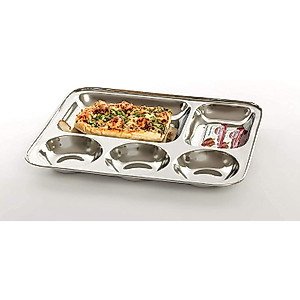 WhopperIndia Stainless Steel Five Compartment Round Plate, Thali, Mess Tray, Dinner Plate Set of 6 pcs- 13 inch, Silver