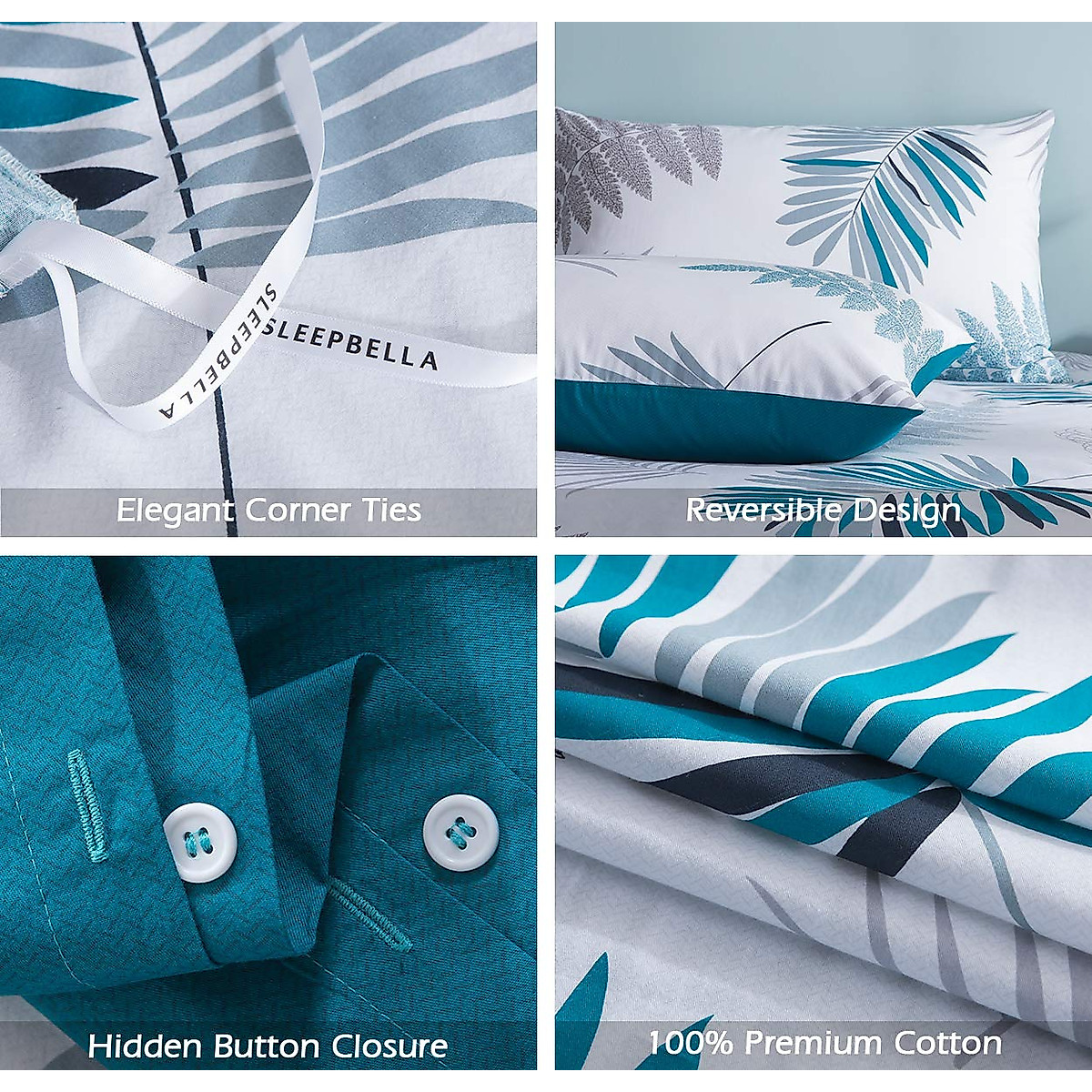 SLEEPBELLA Duvet Cover Full, 600 Thread Count Cotton Leaf Botanical Pattern Print Reversible Comforter Cover Set (Full, Teal Blue-Leaf)