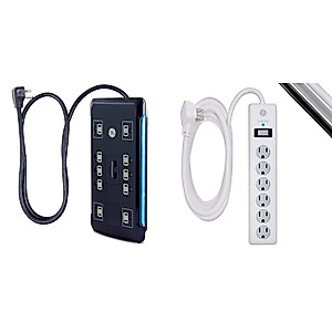 GE UltraPro 10 Outlet Surge Protector & GE 6-Outlet Surge Protector, 10 Ft Extension Cord, Power Strip, 800 Joules, Flat Plug, Twist-to-Close Safety Covers, UL Listed, White, 14092