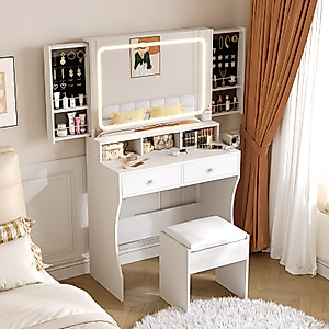 Fameill Vanity Desk with Mirror and Lights, White Makeup Vanity with 3 Color Lighting & 2 Large Drawers, Small Vanity with Charge Station and Stool, Vanity Set with Hidden Sliding Jewelry Cabinet
