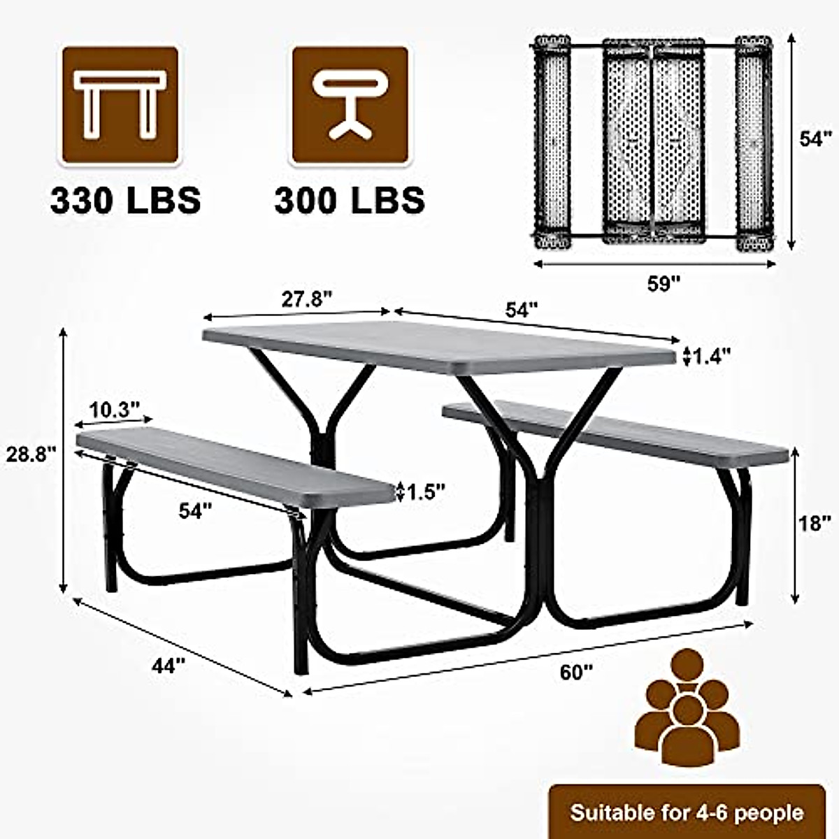 Haddockway Picnic Table Bench Set Patio Camping Table with All Weather Metal Base and Plastic Table Top Outdoor Dining Garden Deck Furniture for Adult Grey