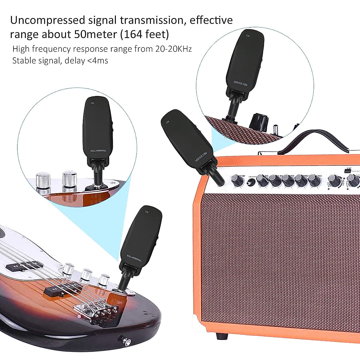 Guitar System Rechargeable Guitar Transmitter Receiver Audio System 48K 24bit 20Hz-20KHz Electronic Bass Pickup Amplifier Accessories