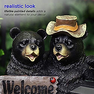Alpine Corporation 15" Tall Outdoor Bear Couple with Lantern and Welcome Sign Statue with Solar LED Light Yard Art Decoration