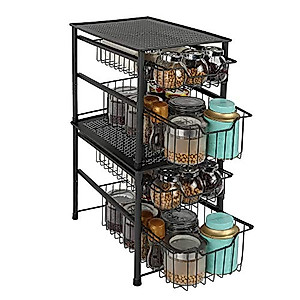 MAX Houser 2-Tier Stackable Organizer Baskets with Metal Sliding Drawers for Pantry, Under the Sink, Desktop Organizer for Bathroom,Kitchen, Office (Charcoal Grey)