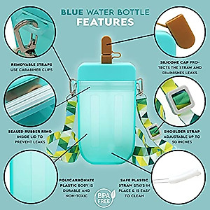 Popsicle Water Bottle with Strap, Dish Washer Safe Clear Juice Drinking Cup, BPA Free Frosted Plastic, Leakproof Creative Design, Suitable for Adults and Kids, 300ML (Blue), QB/T4049-2010