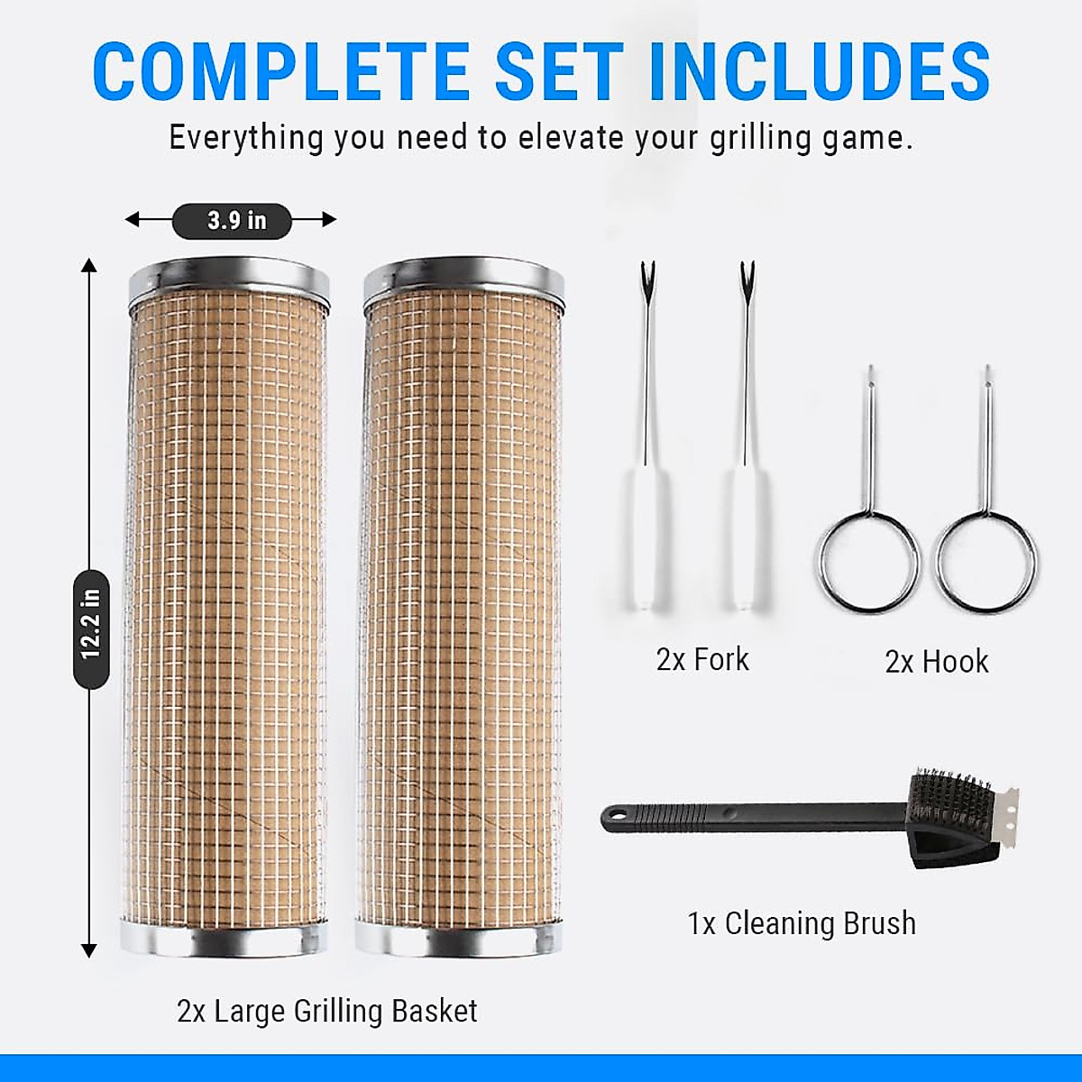 EmGi Grilling Basket 2 PCS, w/ BONUS Grill Brush, BBQ Grill Basket, Rolling Grilling Basket, Stainless Steel Grill Mesh Barbeque Grill Accessories, Portable Grill Baskets for Outdoor Grill for Fish,