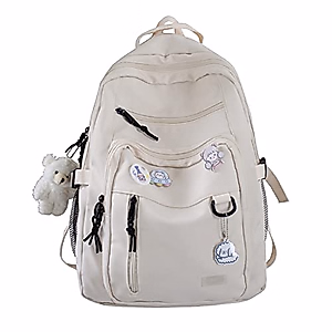 GAXOS Cute Aesthetic Backpack for School Middle Student Travel White Backpack Teens Girls Bear Pin Book Bags