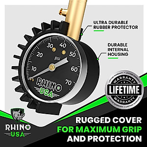Rhino USA Heavy Duty Tire Pressure Gauge (0-75 PSI) - Certified ANSI B40.1 Accurate, Large 2" Easy Read Glow Dial, Premium Braided Hose, Solid Brass Hardware, Best for Any Car, Truck, Motorcycle, RV