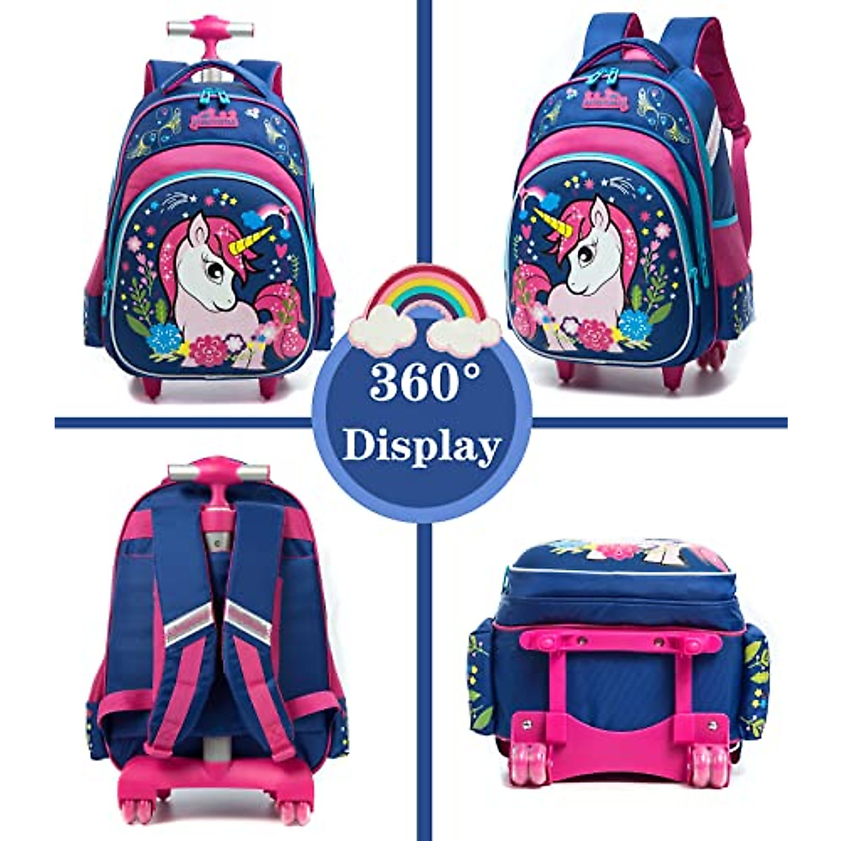 Meetbelify Girls Unicorn Rolling Backpacks Kids Backpack with Wheels for Girls School Bags with Lunch Box