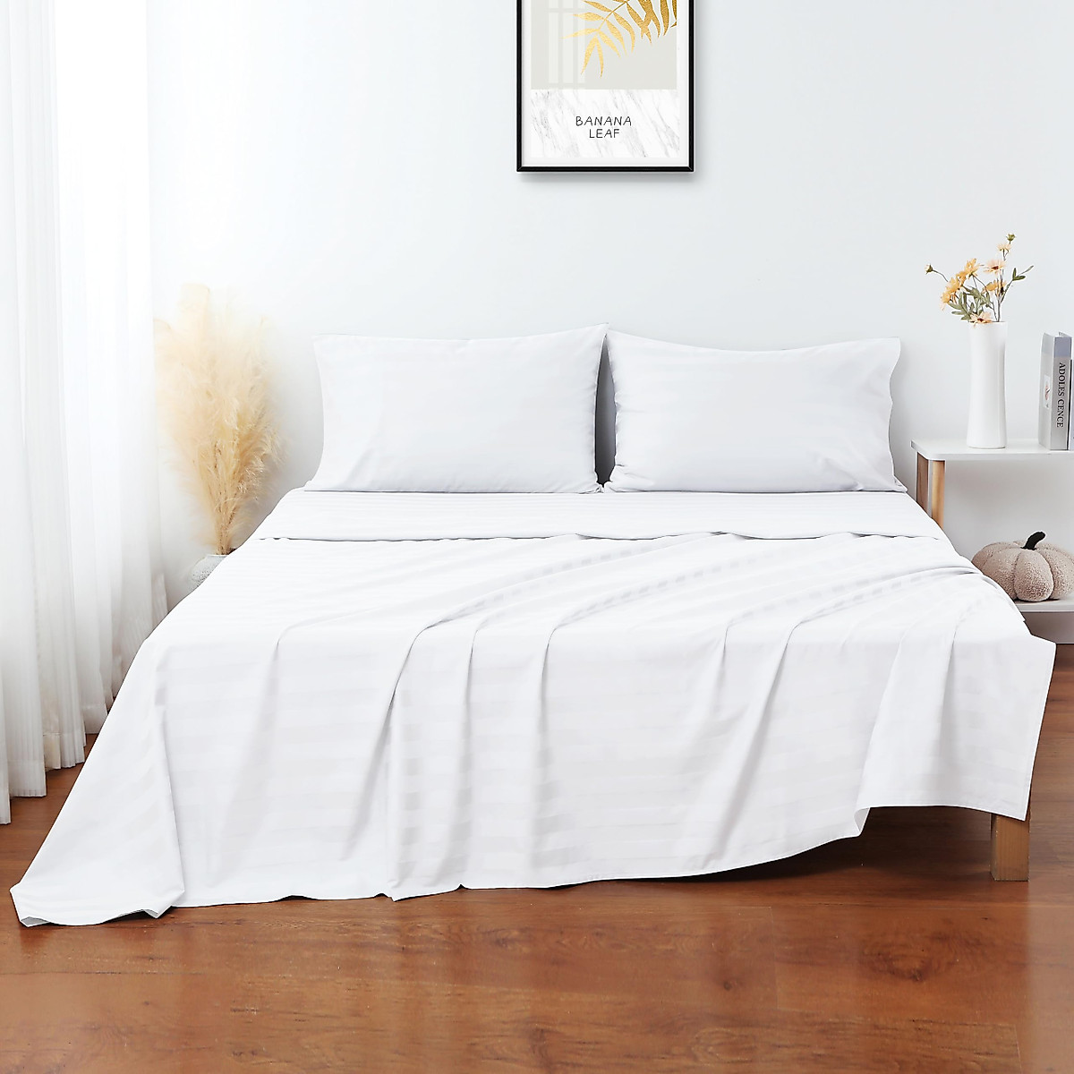 Flat Sheet Only King Size, 400 TC 100% Egyptian Cotton Flat Sheet Striped Satin-White Cotton Top Sheet- Wrinkle, Fade, Stain Resistant (Striped-White, King)